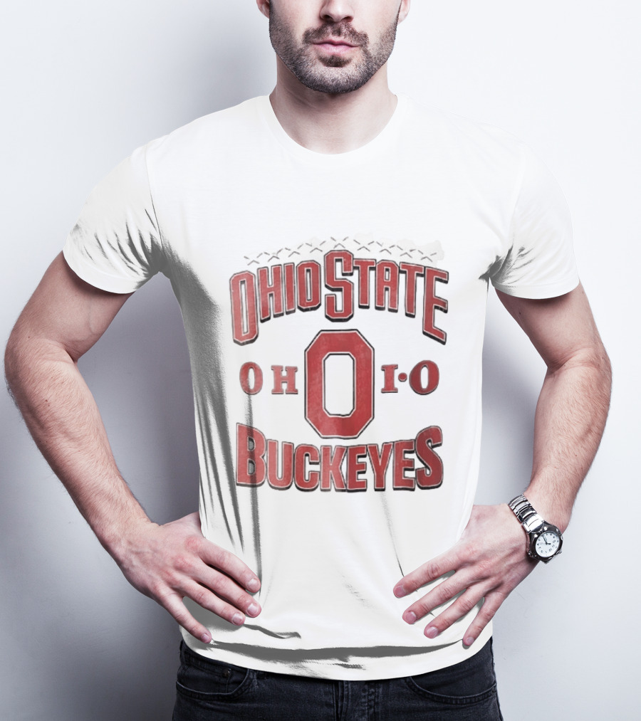 Ohio State Buckeyes NCAA Ohio Block Letter Red Football Laces Arch T-Shirt