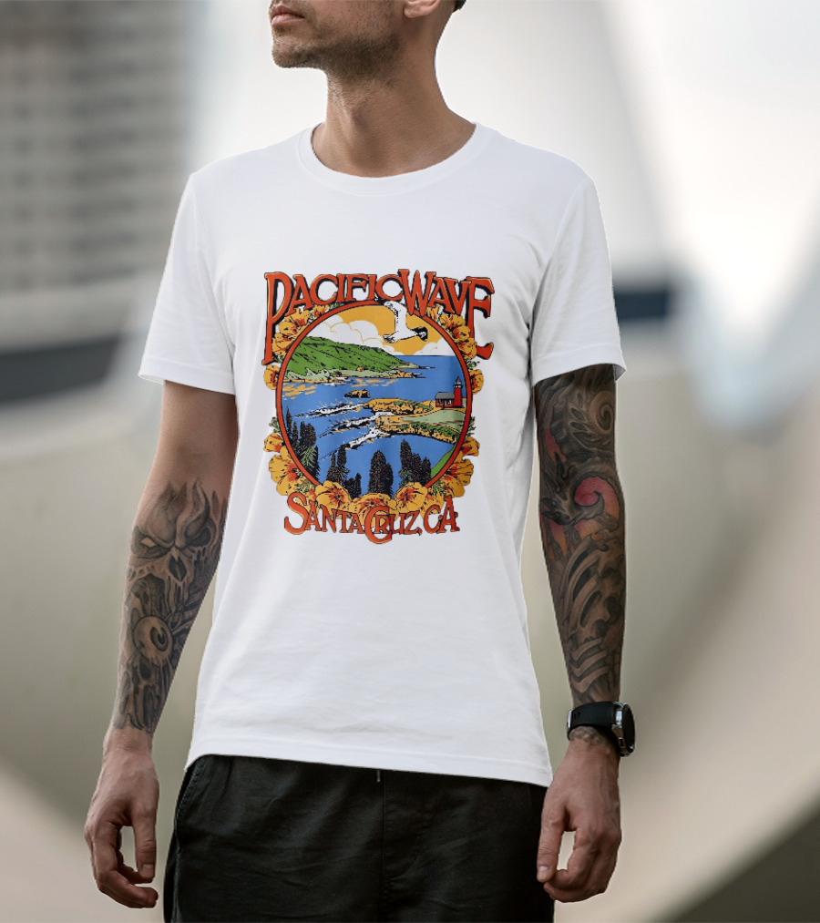 Pacific Wave Santa Cruz CA Coastal Lighthouse Ocean Seagull Flowers Scenic T-Shirt