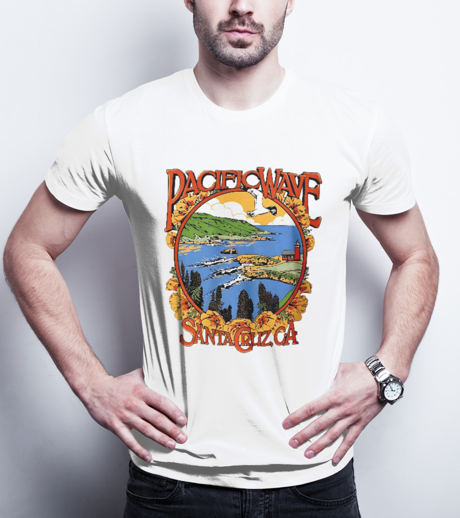 Pacific Wave Santa Cruz CA Coastal Lighthouse Ocean Seagull Flowers Scenic T-Shirt