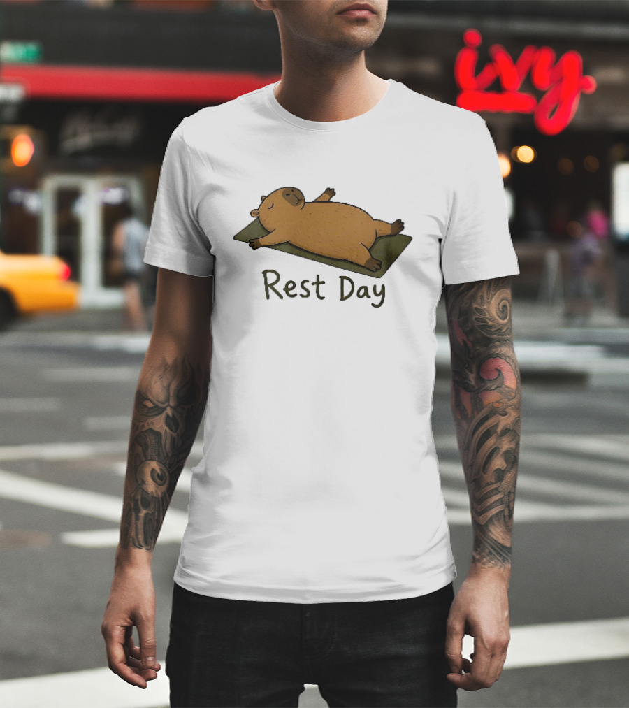 Rest Day Capybara Relaxing On Yoga Mat Cartoon T-Shirt