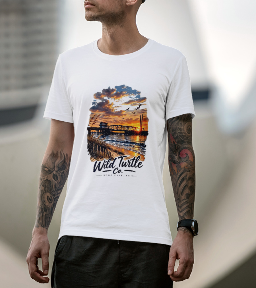 Wild Turtle Co Surf City NC Beach Dunes Pier Sunset Flying Birds T-Shirt