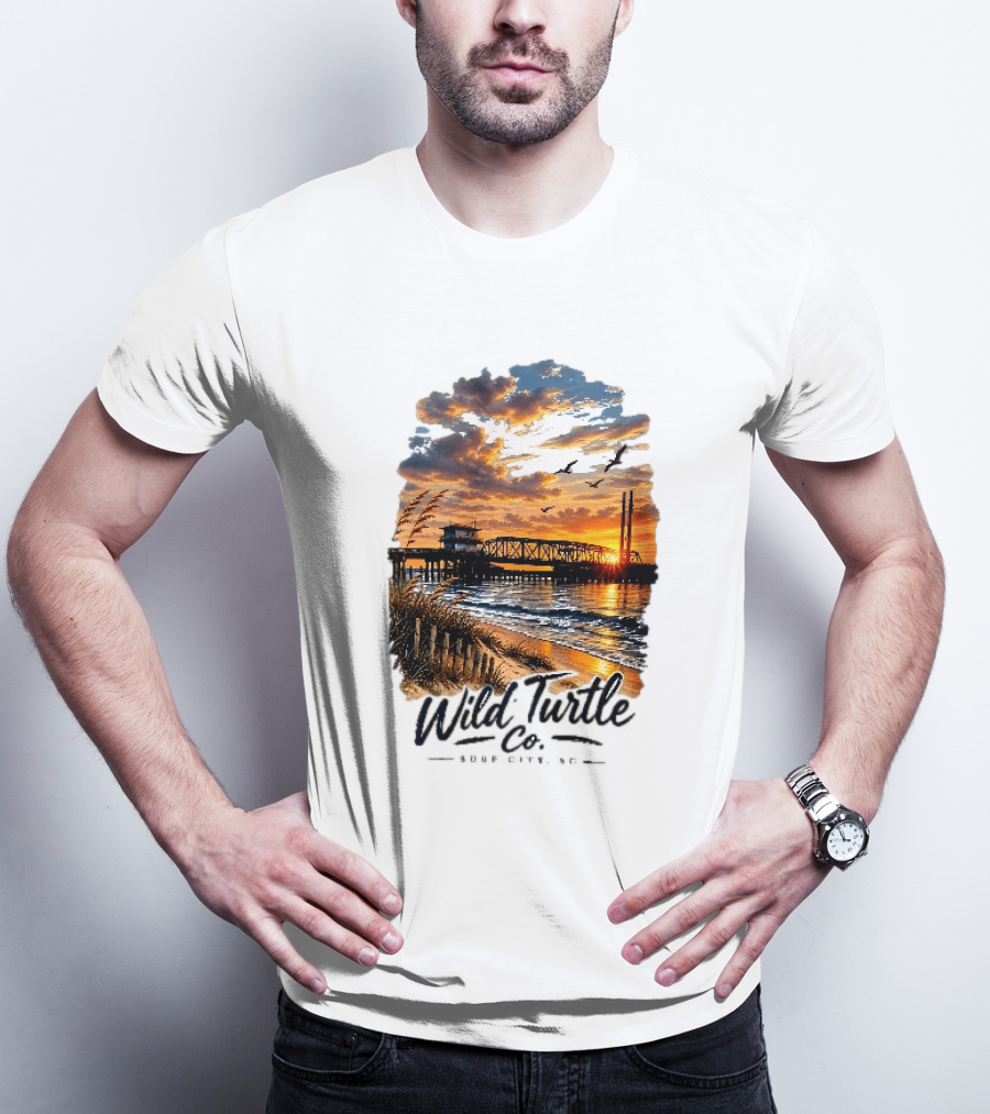 Wild Turtle Co Surf City NC Beach Dunes Pier Sunset Flying Birds T-Shirt