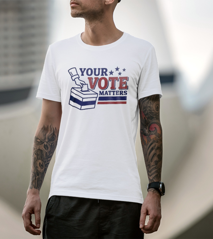 Your Vote Matters Hand Dropping Ballot Box Four Stars Red Blue Stripes T-Shirt