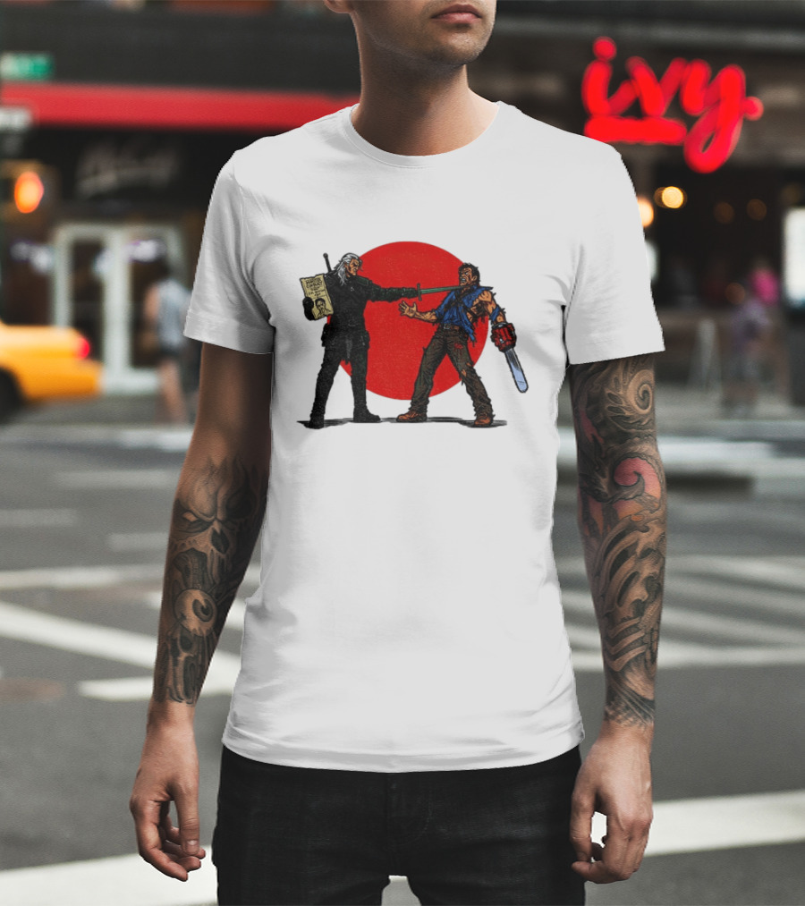 Geralt Vs Ash Evil Dead Or Alive Red Circle Showdown T-Shirt
