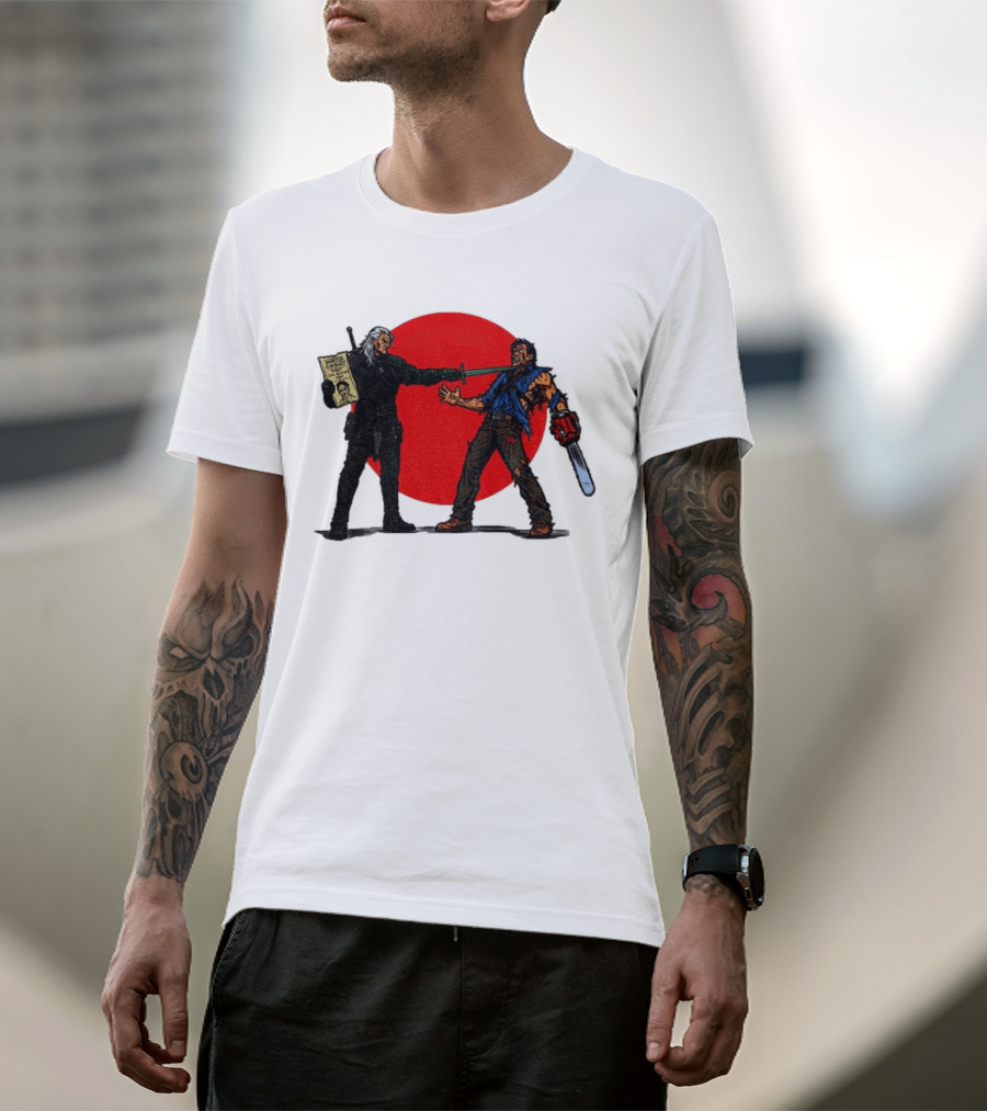 Geralt Vs Ash Evil Dead Or Alive Red Circle Showdown T-Shirt