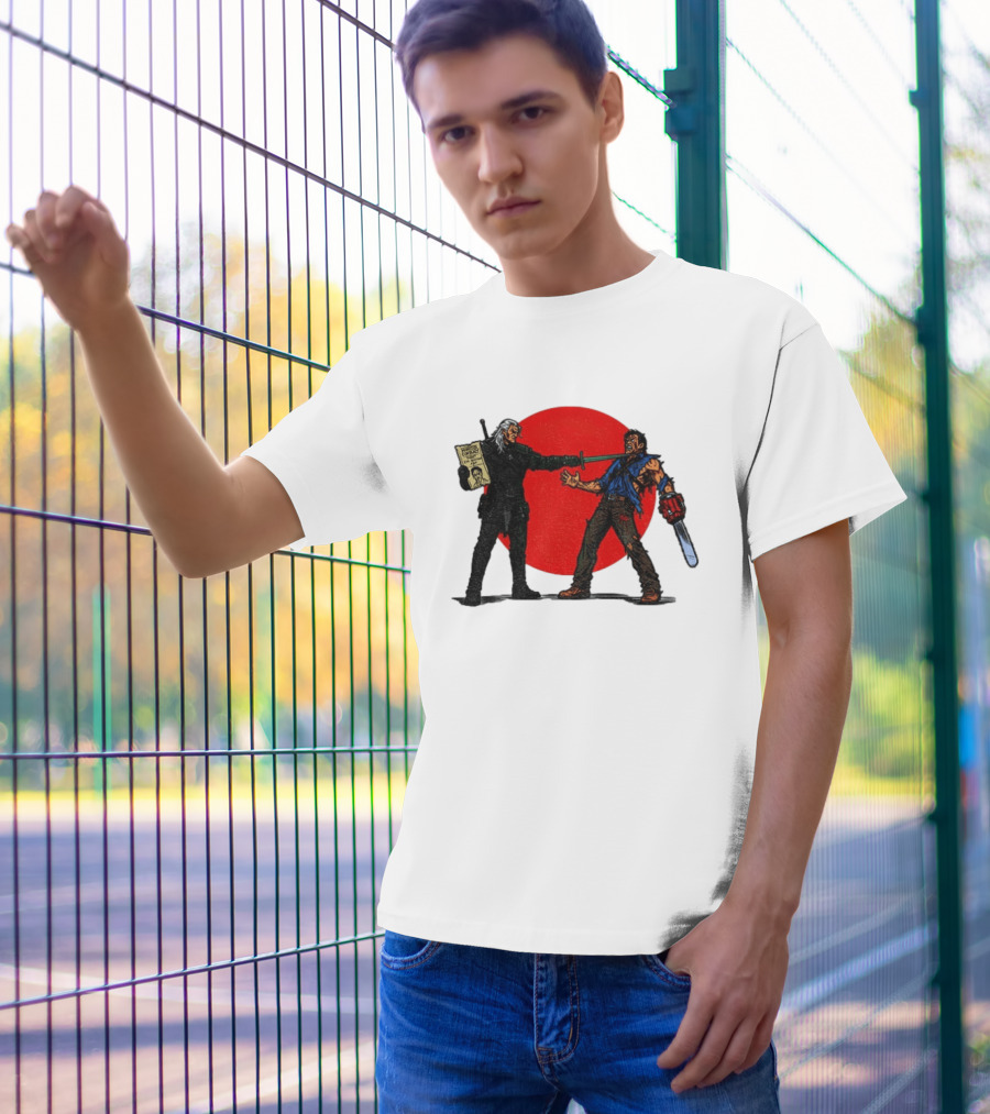 Geralt Vs Ash Evil Dead Or Alive Red Circle Showdown T-Shirt