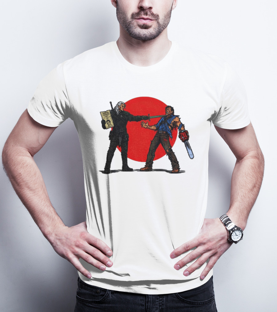 Geralt Vs Ash Evil Dead Or Alive Red Circle Showdown T-Shirt