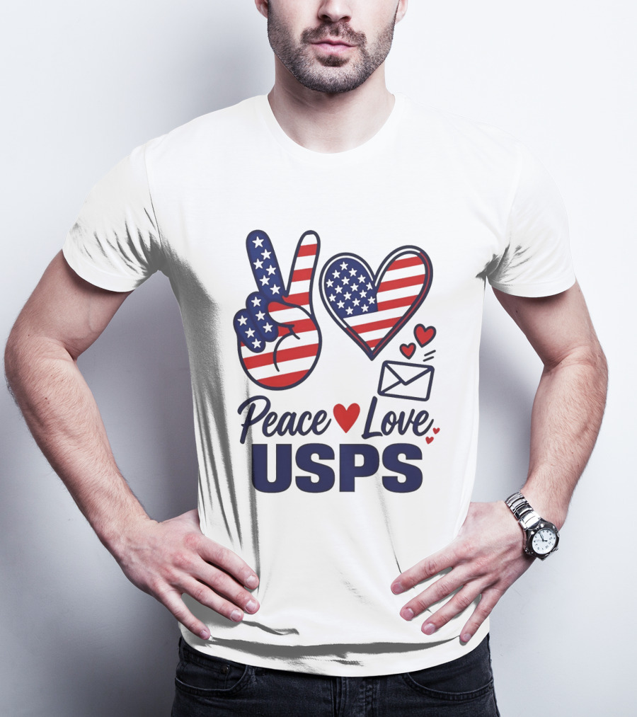 Peace Love USPS American Flag Heart And Mail T-Shirt