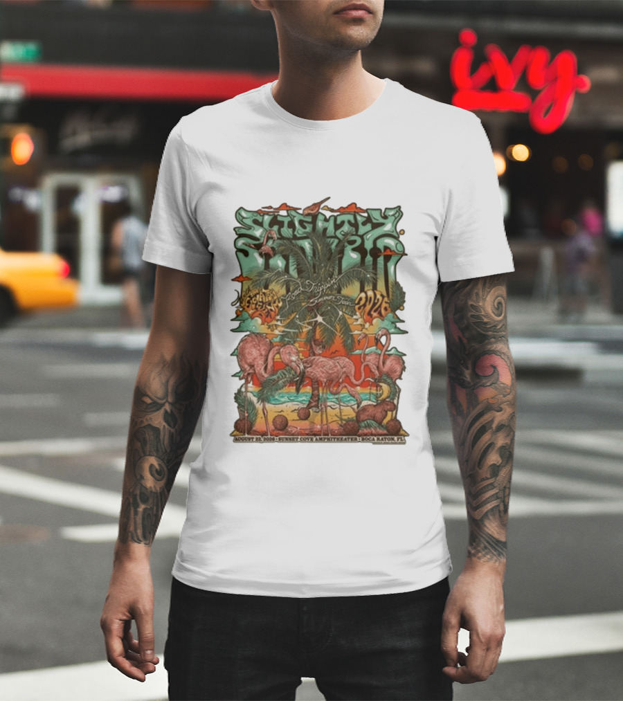 Slightly Stoopid August 22 2026 Ice Drippin Summer Tour Sunset Cove Amphitheater Boca Raton FL Flamingos Palms T-Shirt