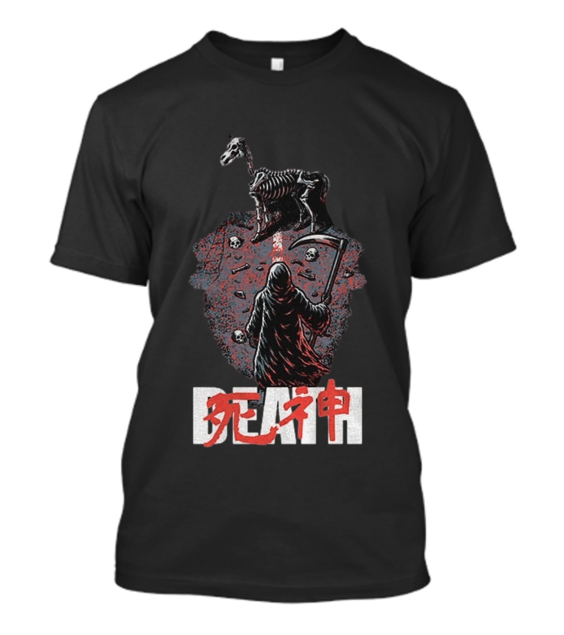 Grim Reaper Death Rider Japanese Kanji Skulls Scythe T-Shirt