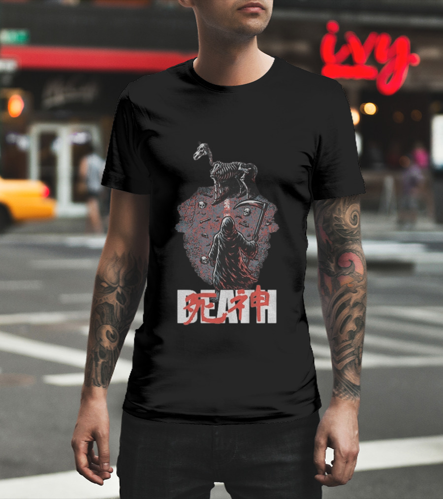 Grim Reaper Death Rider Japanese Kanji Skulls Scythe T-Shirt