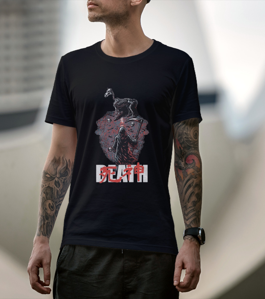 Grim Reaper Death Rider Japanese Kanji Skulls Scythe T-Shirt