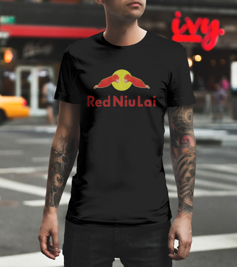 Red Bull Niu Lai Energy Drink Red Niu Lai Yellow Circle T-Shirt