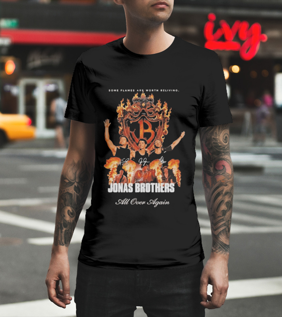 Jonas Brothers Some Flames Are Worth Beliving Tour Flame Signatures All Over Again T-Shirt