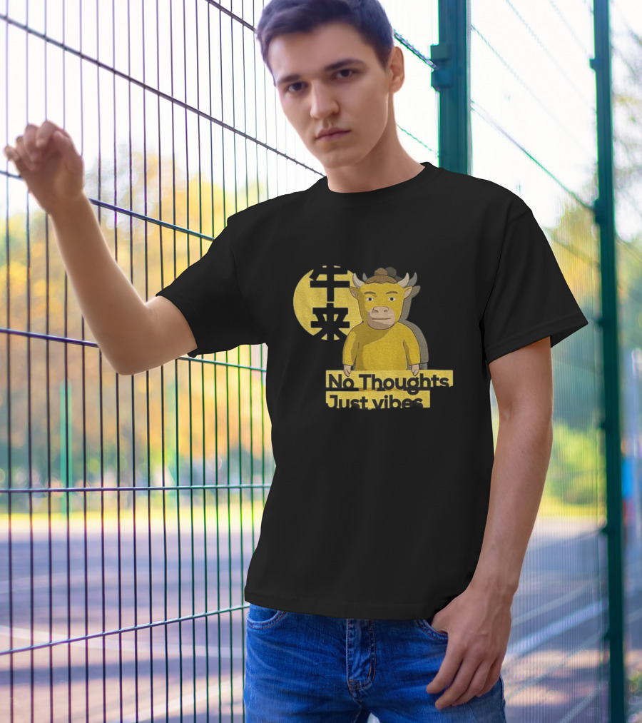Niu Lai No Thoughts Just Vibes Yellow Cow Humor T-Shirt