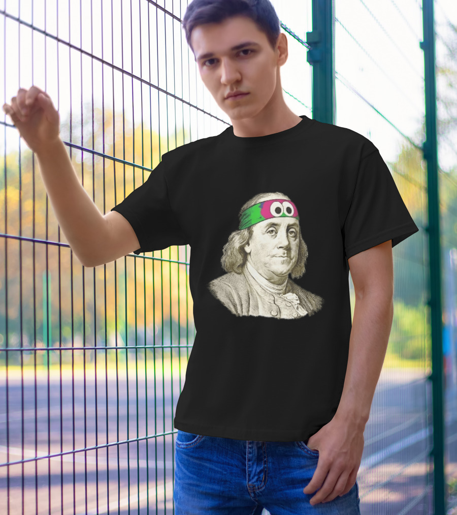 Benjamin Franklin Cartoon With Colorful Ninja Headband And Googly Eyes T-Shirt