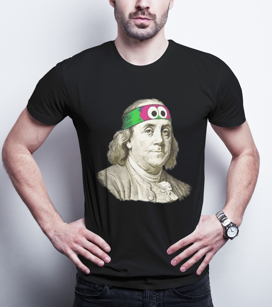 Benjamin Franklin Cartoon With Colorful Ninja Headband And Googly Eyes T-Shirt