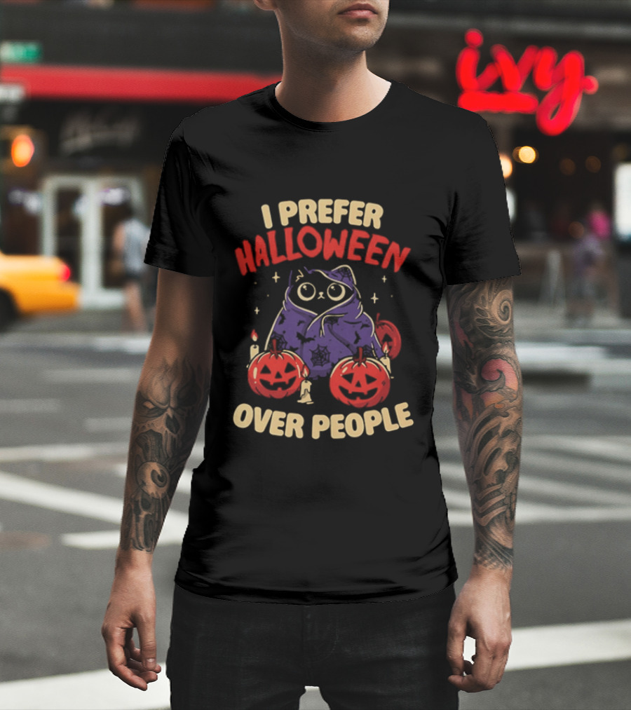 I Prefer Halloween Over People Black Cat Pumpkin Candles T-Shirt