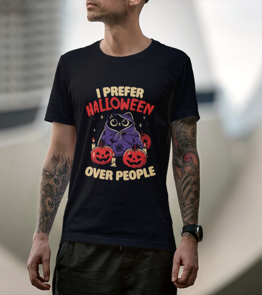 I Prefer Halloween Over People Black Cat Pumpkin Candles T-Shirt