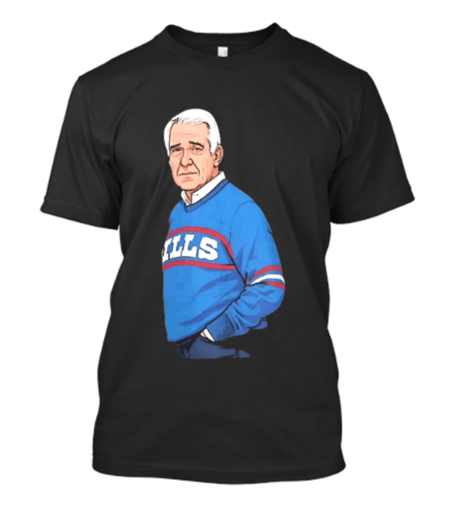 Buffalo Bills Coach Marv Levy Caricature In Blue Sweater With Team Name T-Shirt