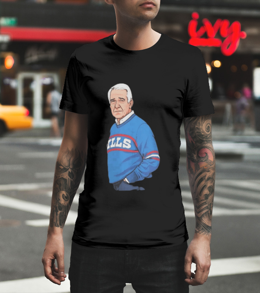 Buffalo Bills Coach Marv Levy Caricature In Blue Sweater With Team Name T-Shirt