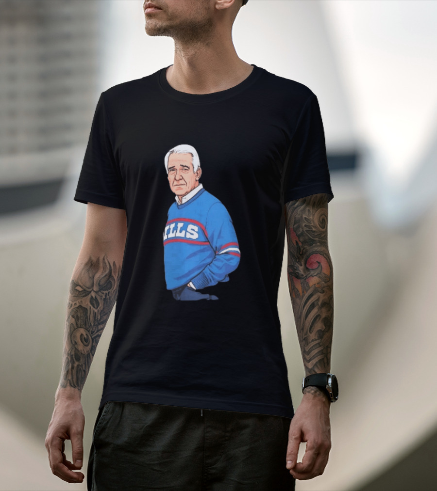 Buffalo Bills Coach Marv Levy Caricature In Blue Sweater With Team Name T-Shirt
