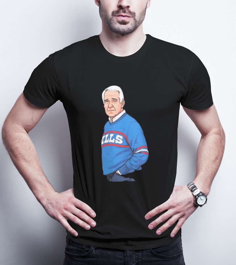Buffalo Bills Coach Marv Levy Caricature In Blue Sweater With Team Name T-Shirt