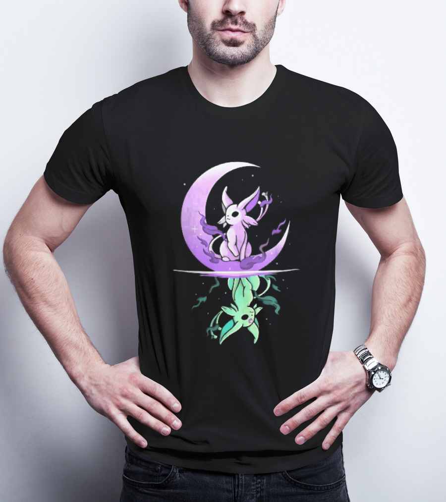 Cartoon Purple Espeon On Crescent Moon With Green Reflection T-Shirt