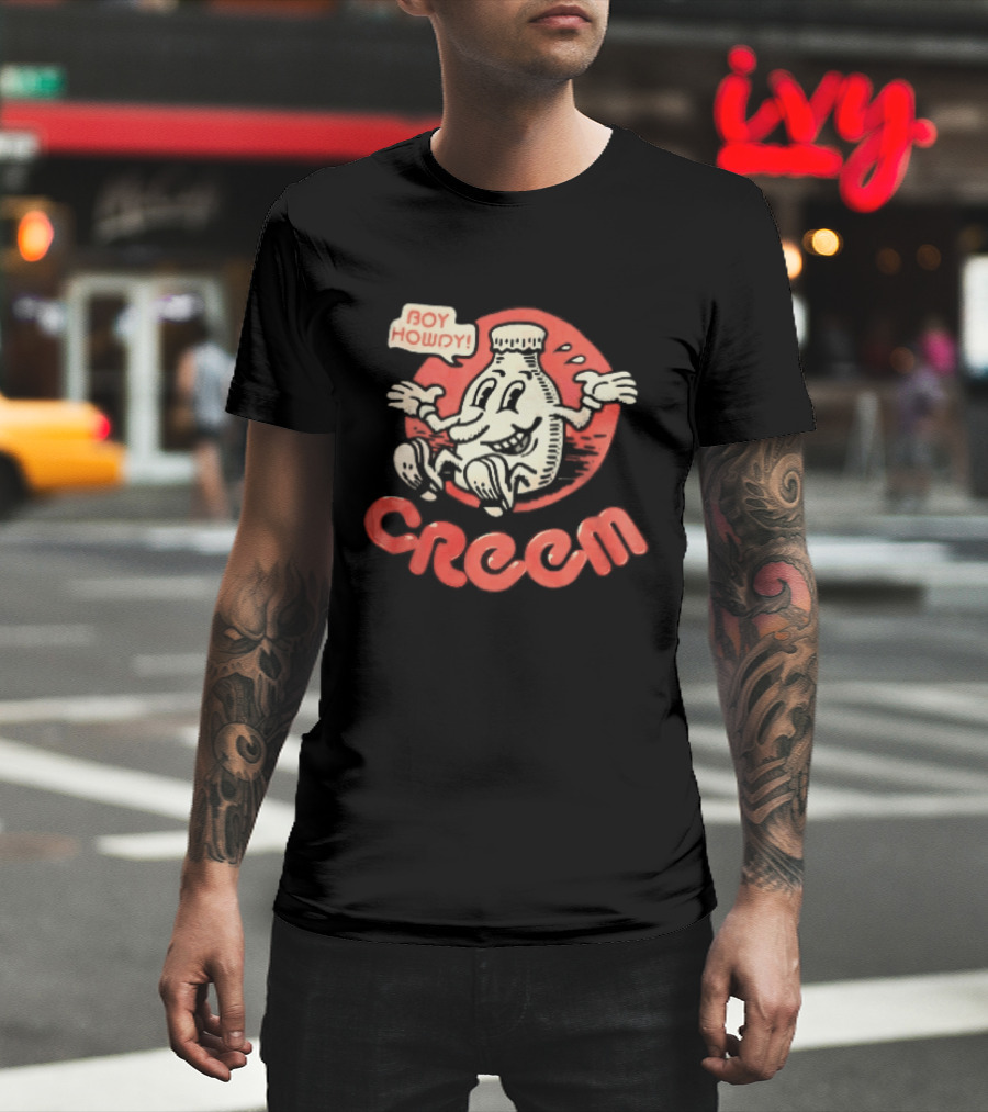 Creem Boy Howdy Milk Bottle Cartoon Red T-Shirt