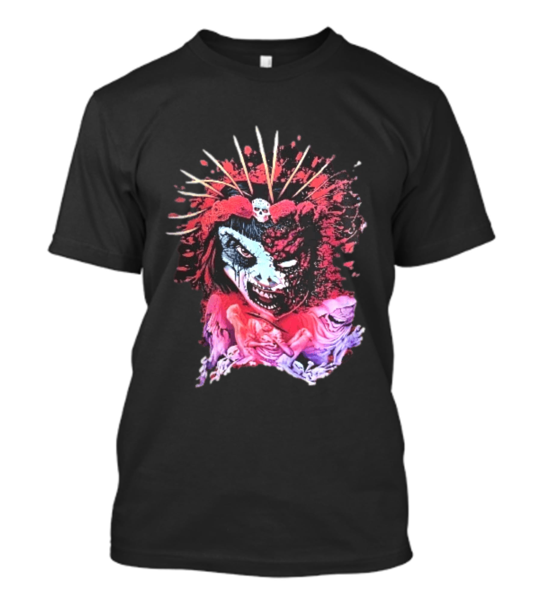 Demonic Japanese Geisha Skull Crown With Red Paint Splatter And Floral T-Shirt