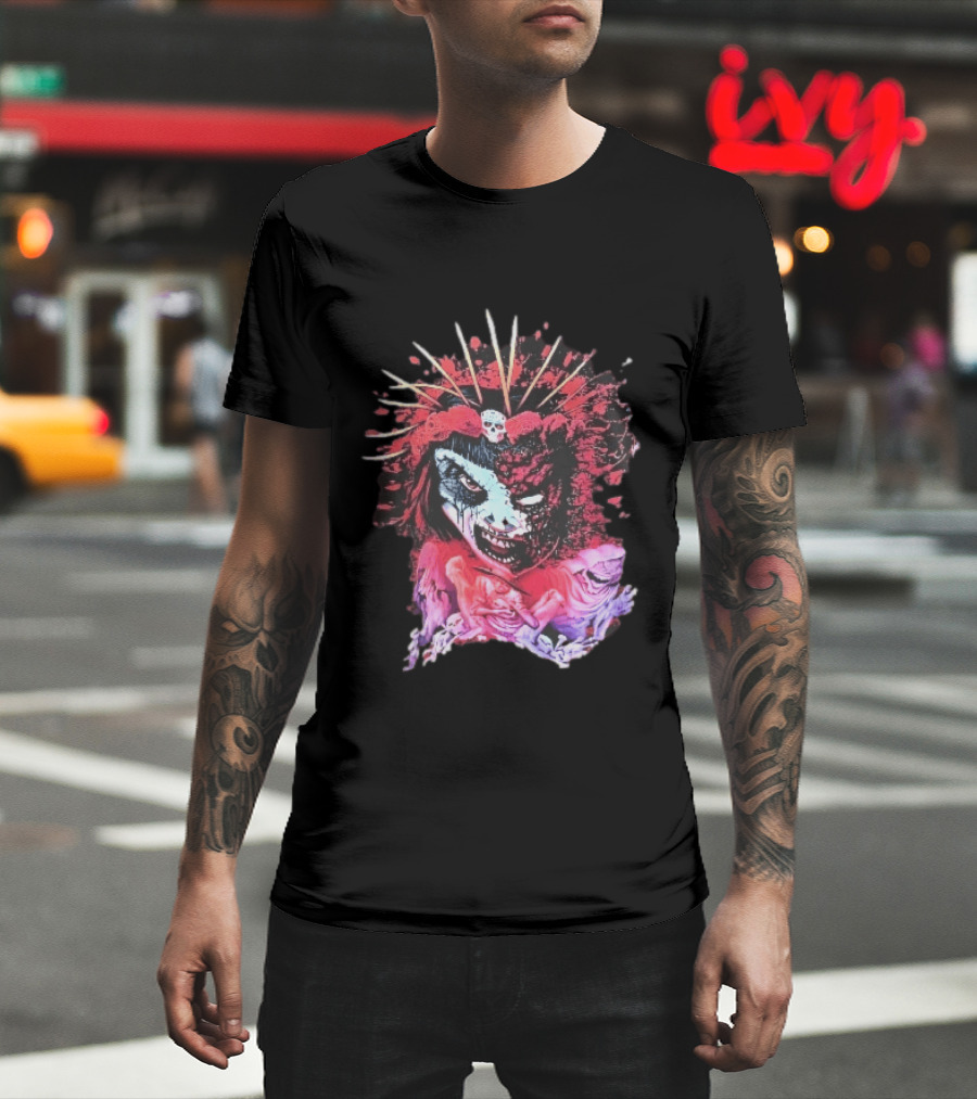 Demonic Japanese Geisha Skull Crown With Red Paint Splatter And Floral T-Shirt