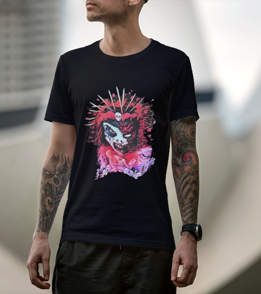Demonic Japanese Geisha Skull Crown With Red Paint Splatter And Floral T-Shirt