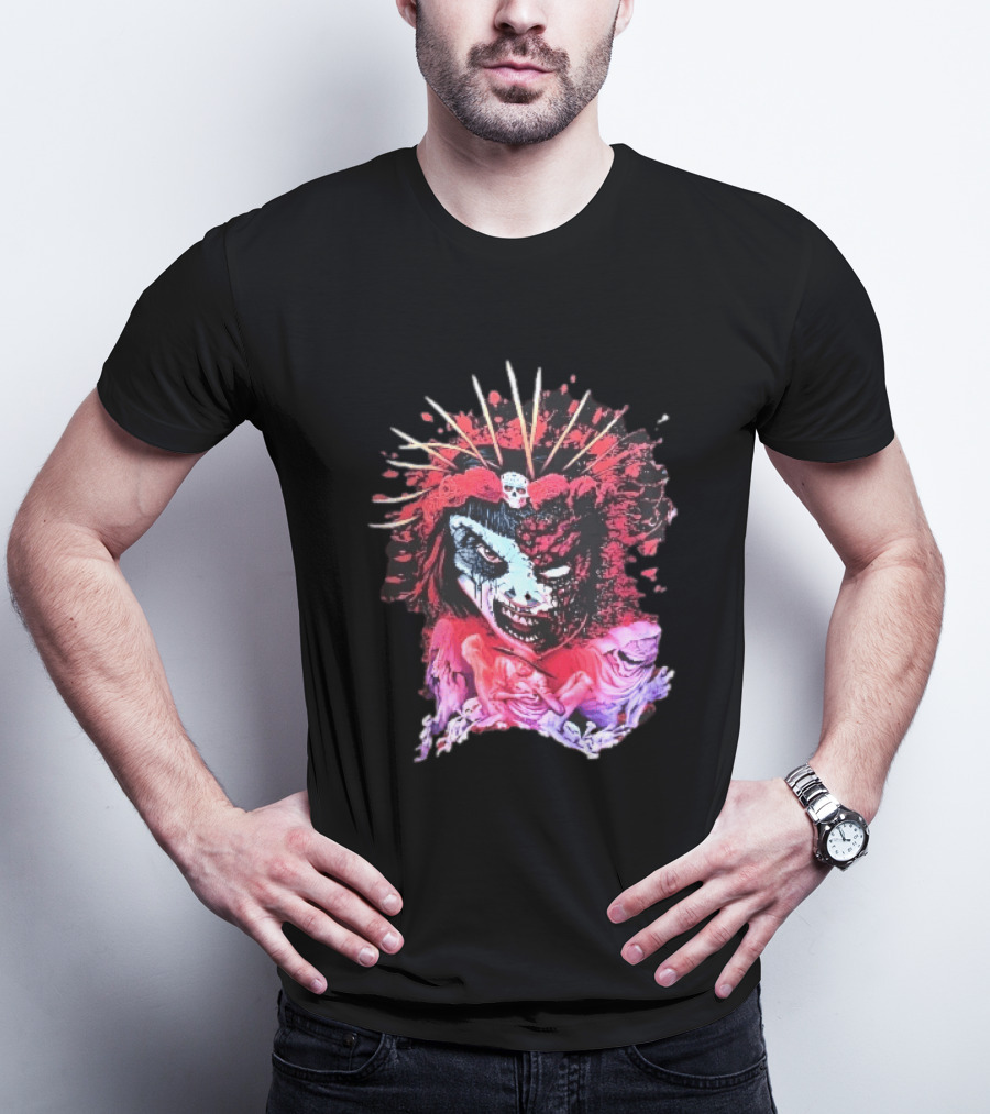Demonic Japanese Geisha Skull Crown With Red Paint Splatter And Floral T-Shirt
