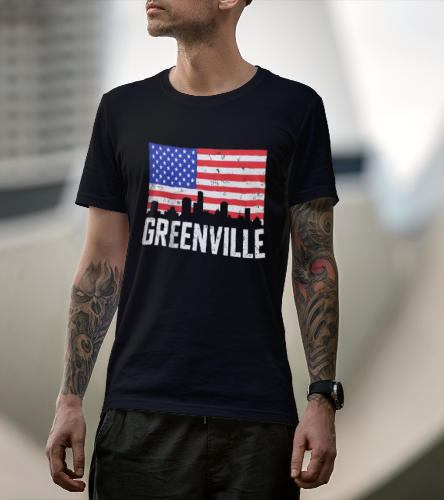 Greenville Skyline American Flag Cityscape T-Shirt