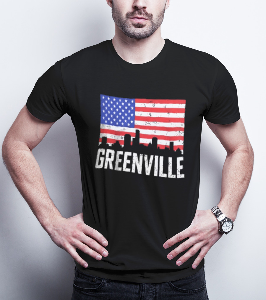 Greenville Skyline American Flag Cityscape T-Shirt