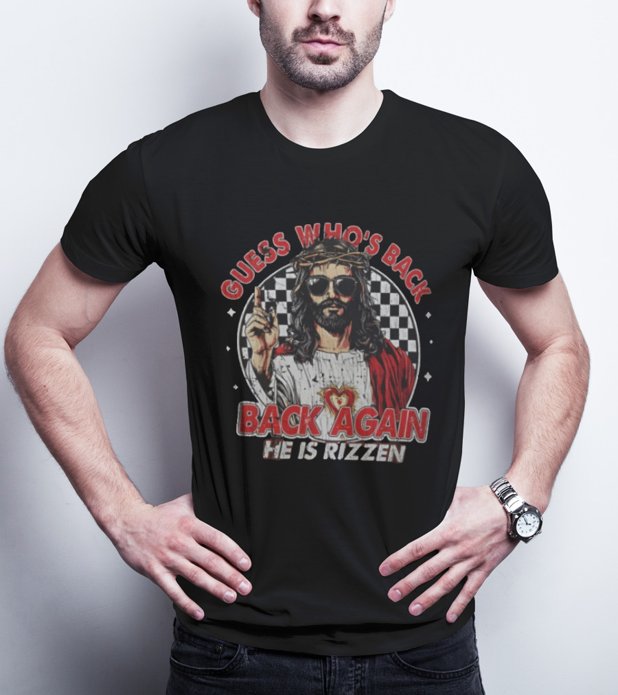 Guess Who's Back Back Again He Is Rizzen Jesus Retro Sunglasses And Red Cloak T-Shirt