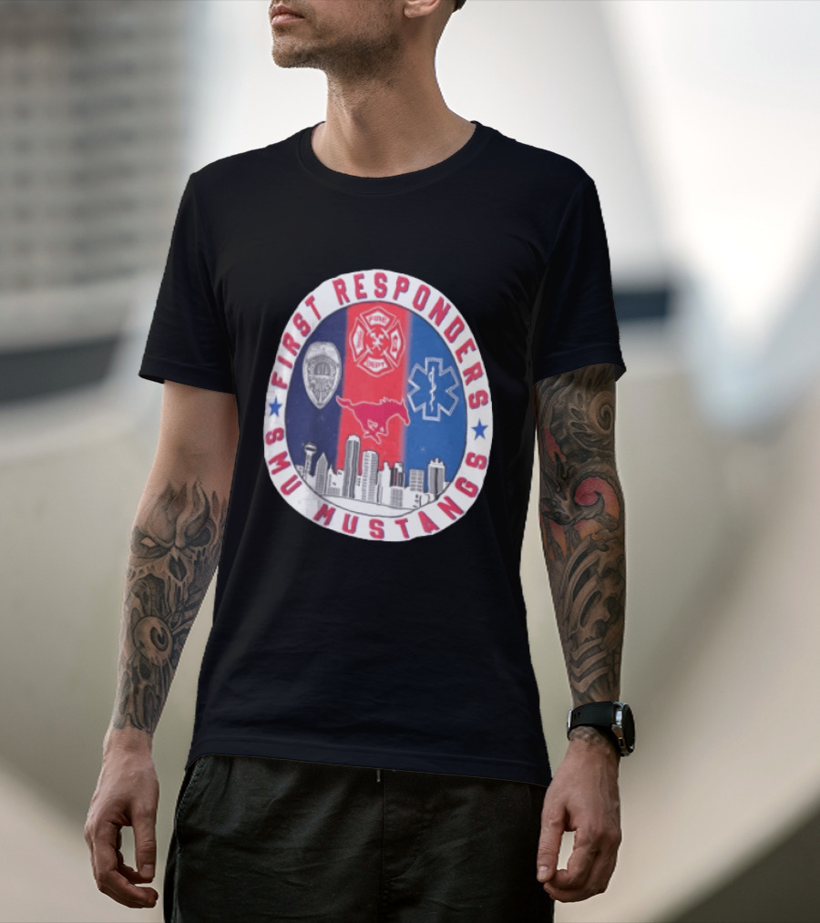 First Responders SMU Mustangs Emergency Services Tribute Skyline T-Shirt