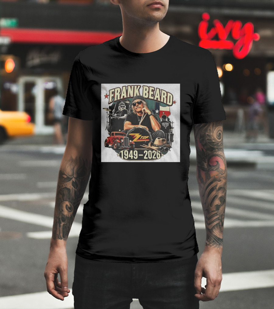 Frank Beard ZZ Top Rock Texas Drummer 1949 2026 Vintage Car And Drumsticks T-Shirt