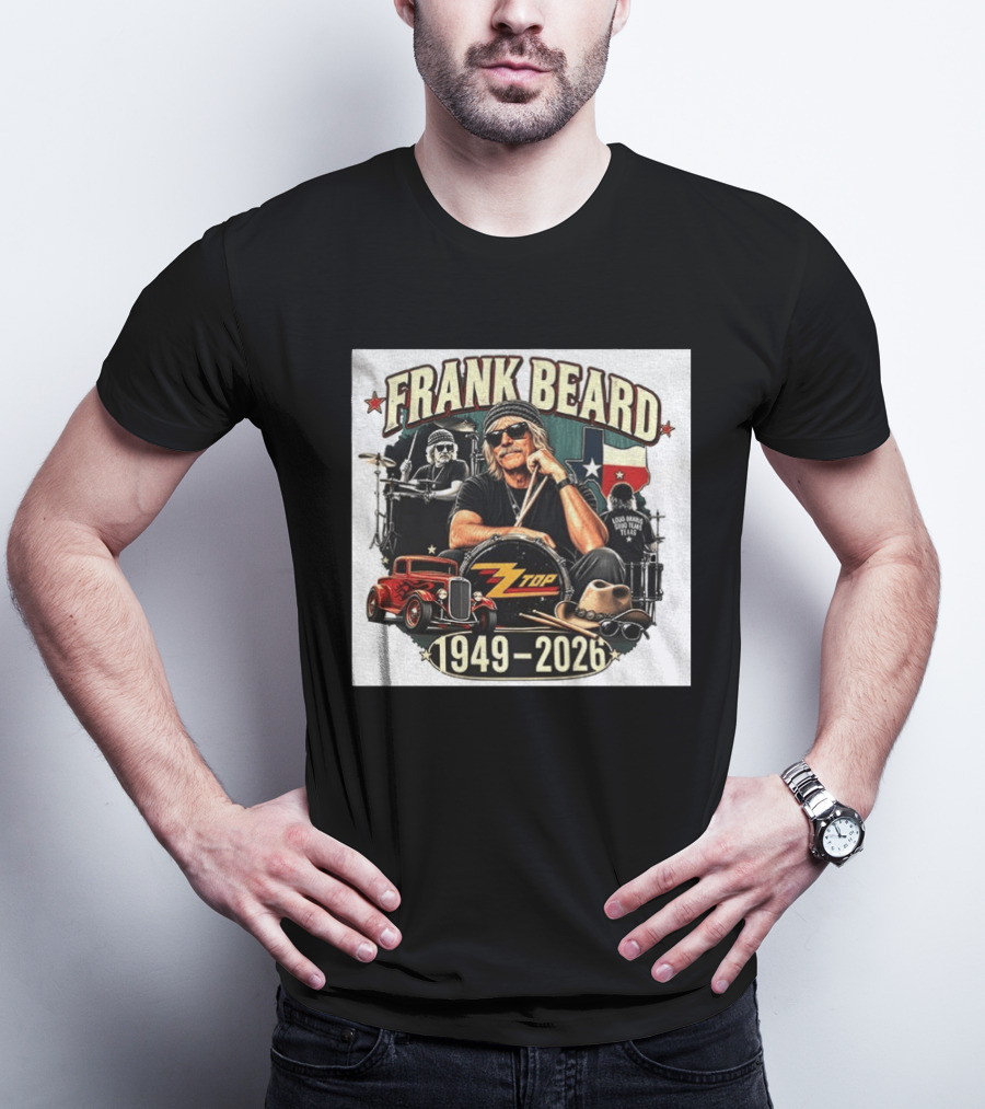 Frank Beard ZZ Top Rock Texas Drummer 1949 2026 Vintage Car And Drumsticks T-Shirt