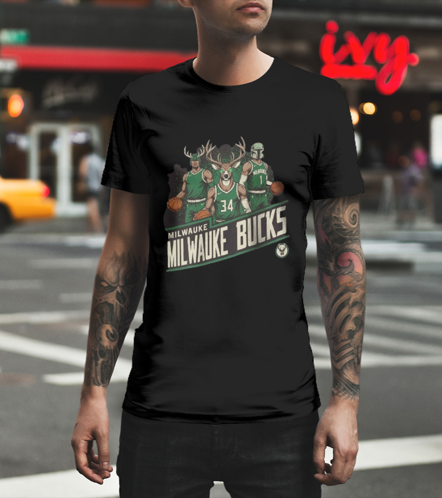 Milwaukee Bucks NBA Antler Helmet Buck Head Mandalorian Basketball Players T-Shirt