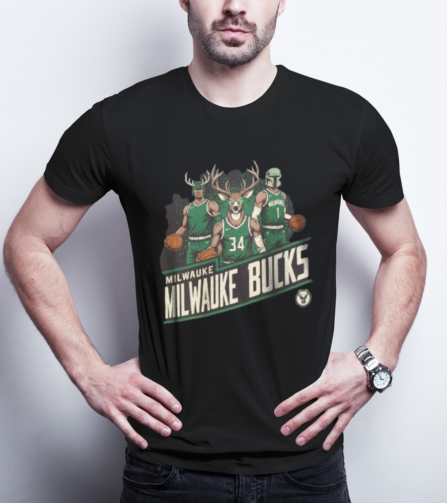 Milwaukee Bucks NBA Antler Helmet Buck Head Mandalorian Basketball Players T-Shirt