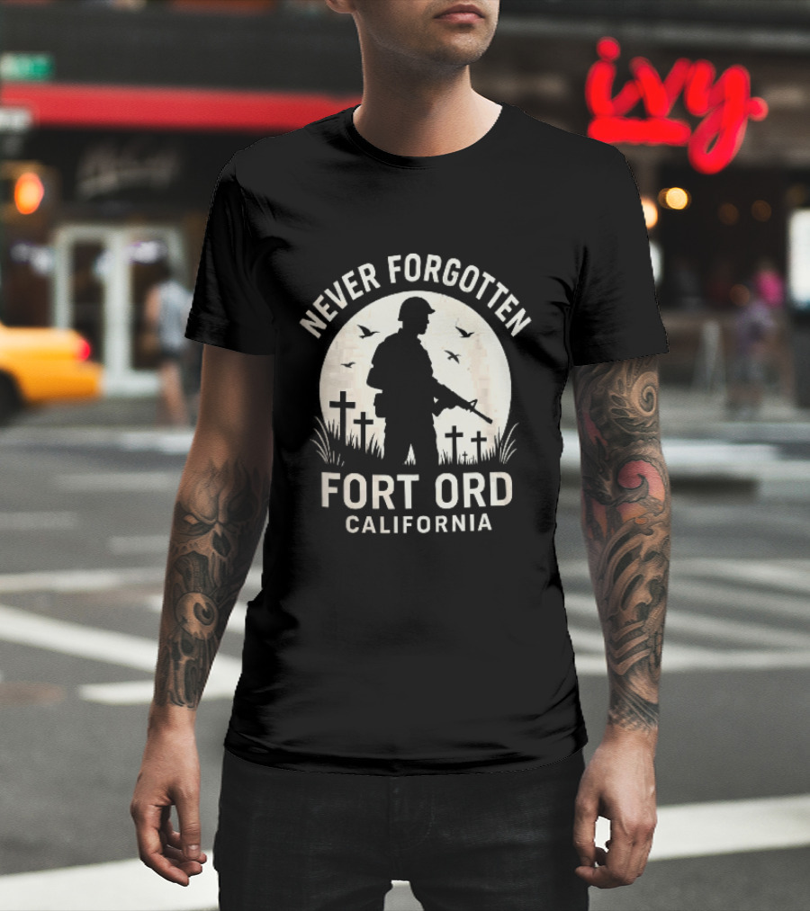 Never Forgotten Fort Ord California Soldier Moon Crosses Birds T-Shirt