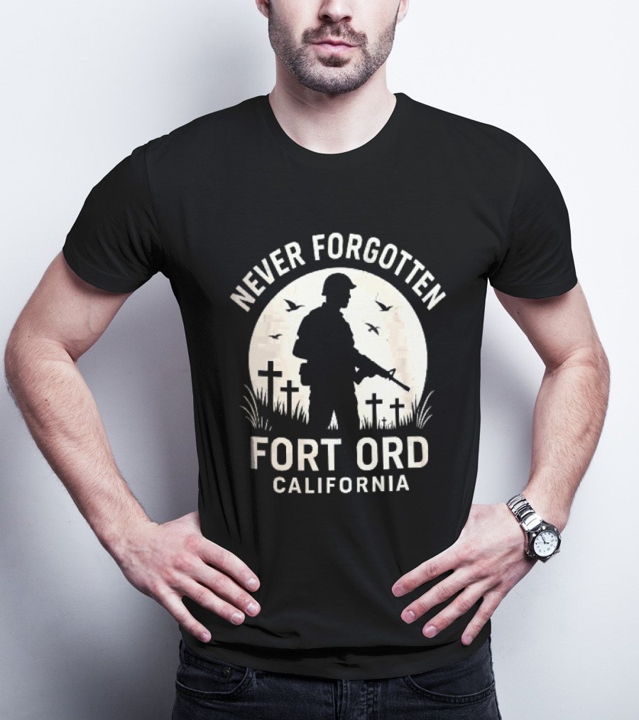 Never Forgotten Fort Ord California Soldier Moon Crosses Birds T-Shirt