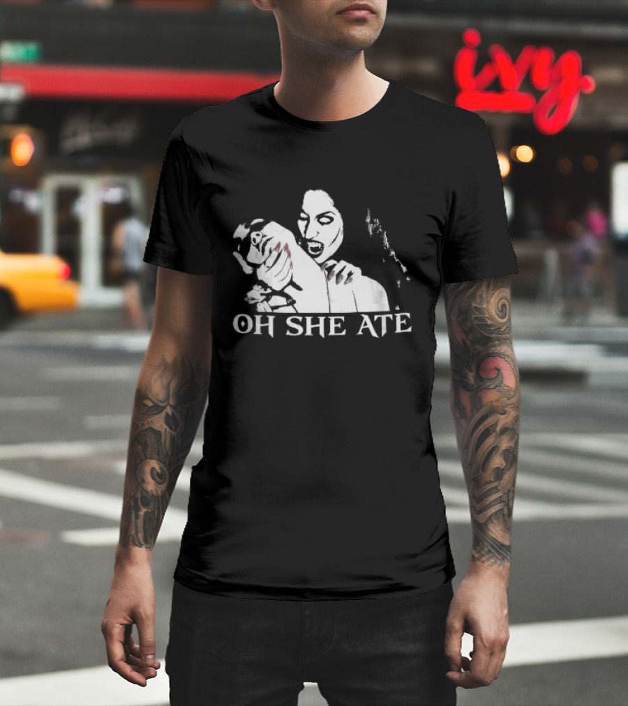 Oh She Ate Female Vampire Biting Neck Red Nails Stencil T-Shirt
