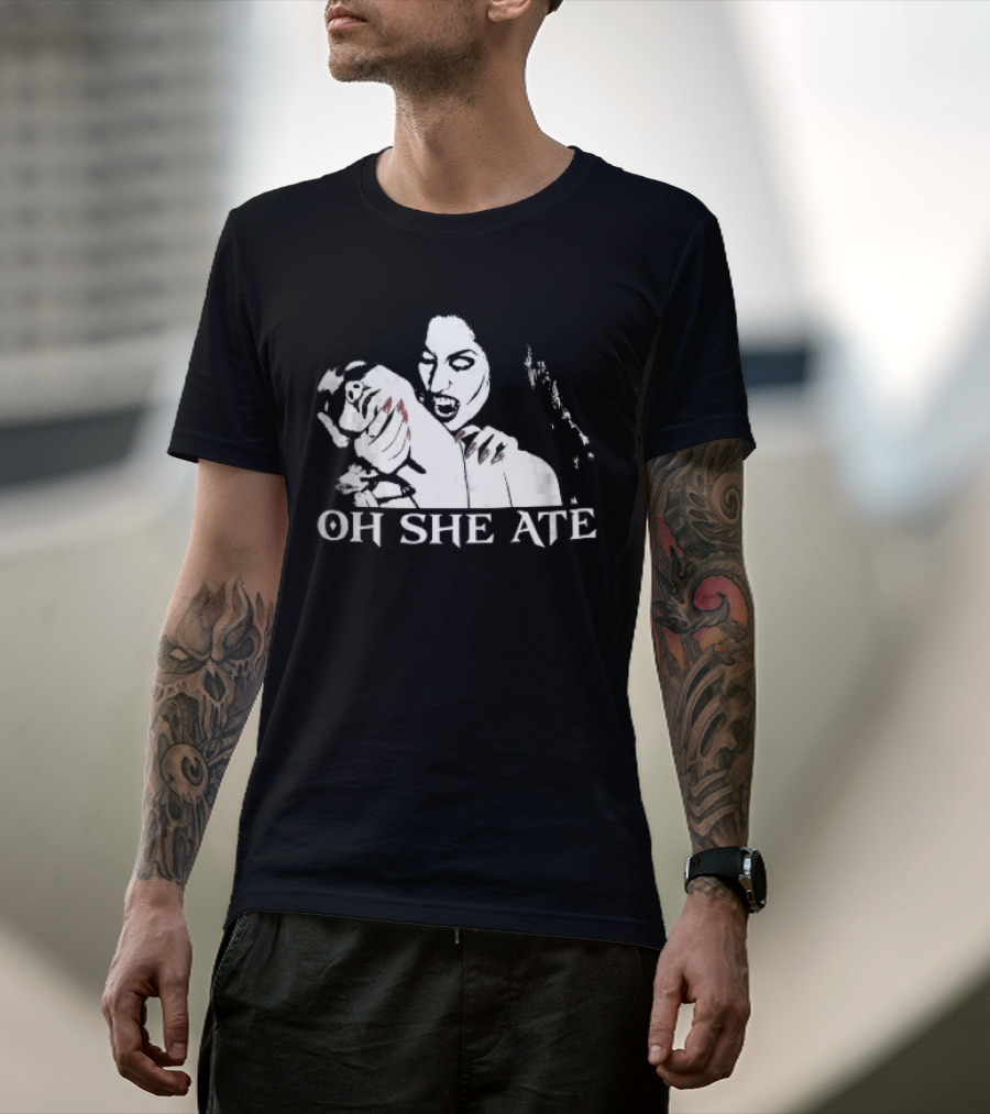 Oh She Ate Female Vampire Biting Neck Red Nails Stencil T-Shirt