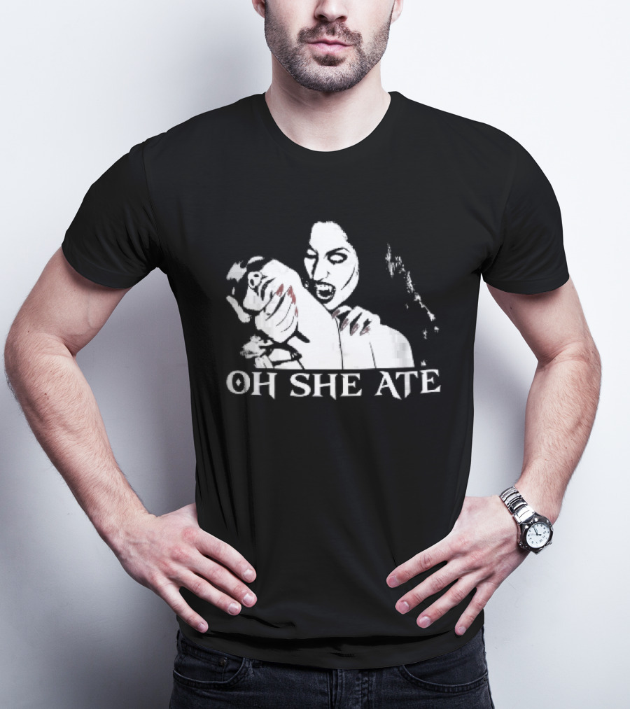 Oh She Ate Female Vampire Biting Neck Red Nails Stencil T-Shirt