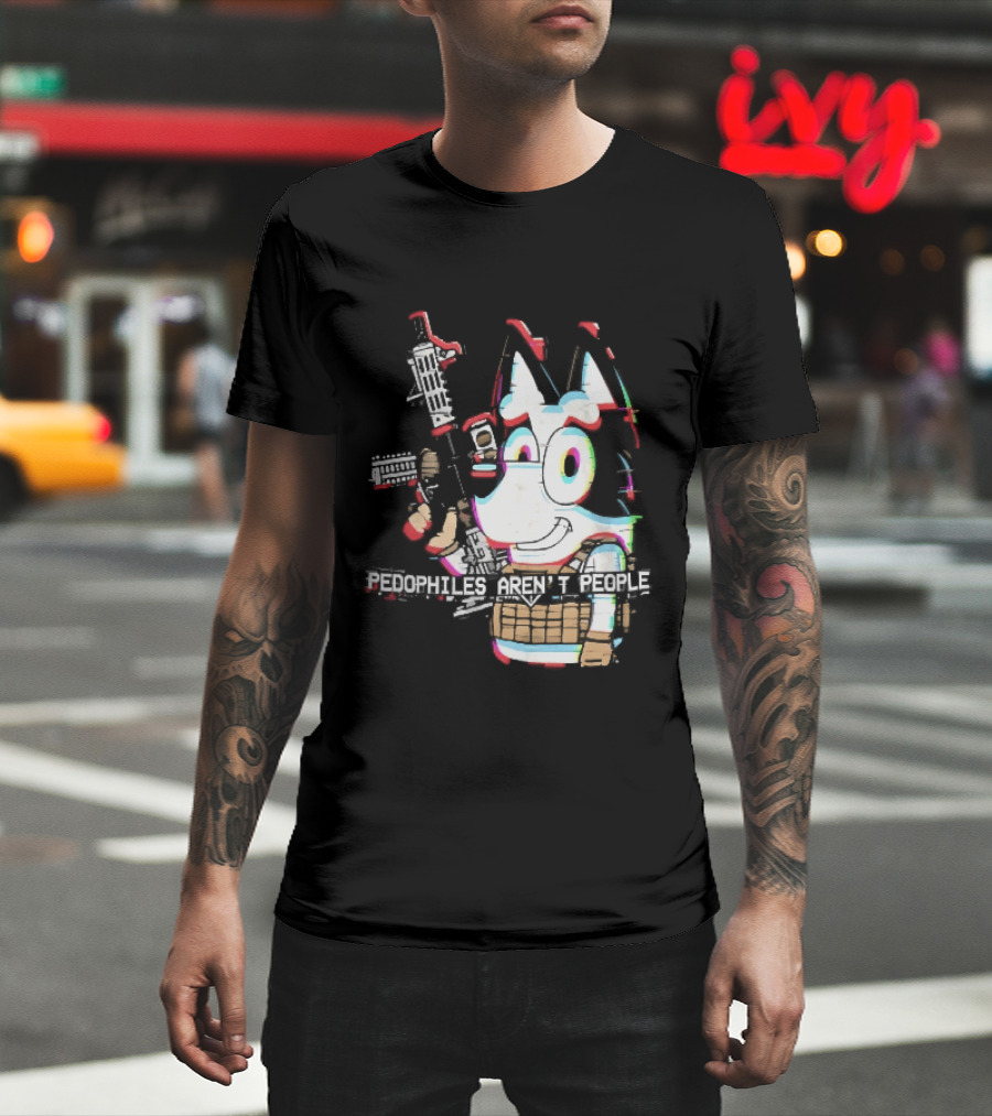 Pedophiles Aren't People Cartoon Dog Tactical Vest Assault Rifle Glitch Effect T-Shirt