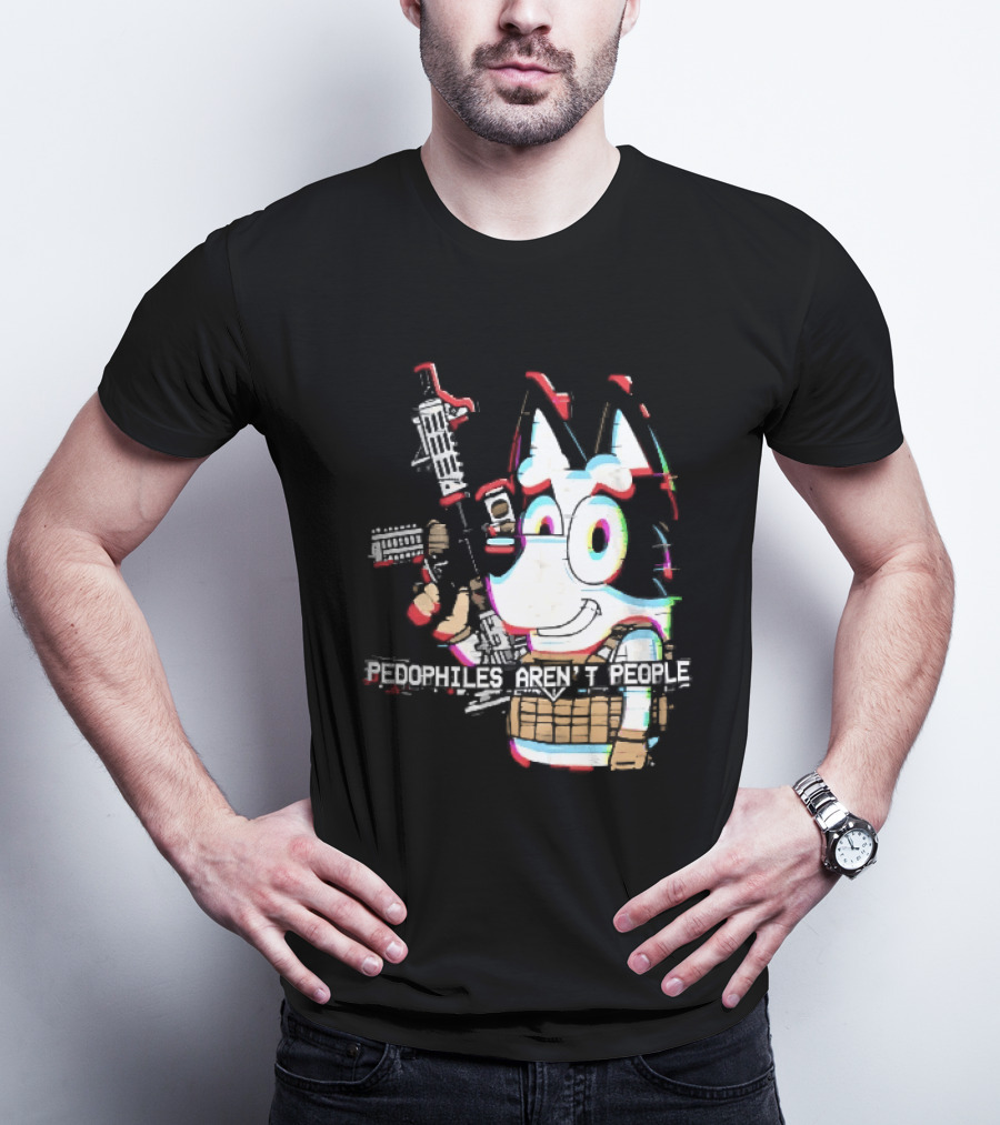 Pedophiles Aren't People Cartoon Dog Tactical Vest Assault Rifle Glitch Effect T-Shirt