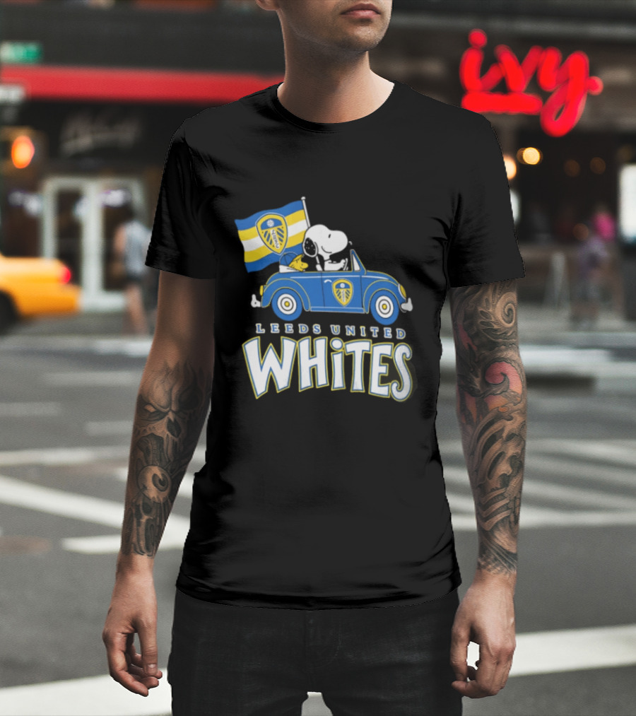 Leeds United Whites Snoopy Car Driving With Flag T-Shirt