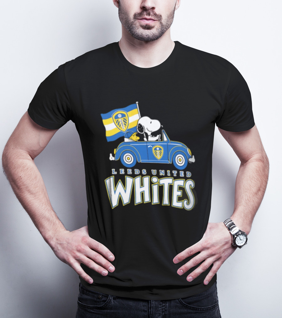 Leeds United Whites Snoopy Car Driving With Flag T-Shirt